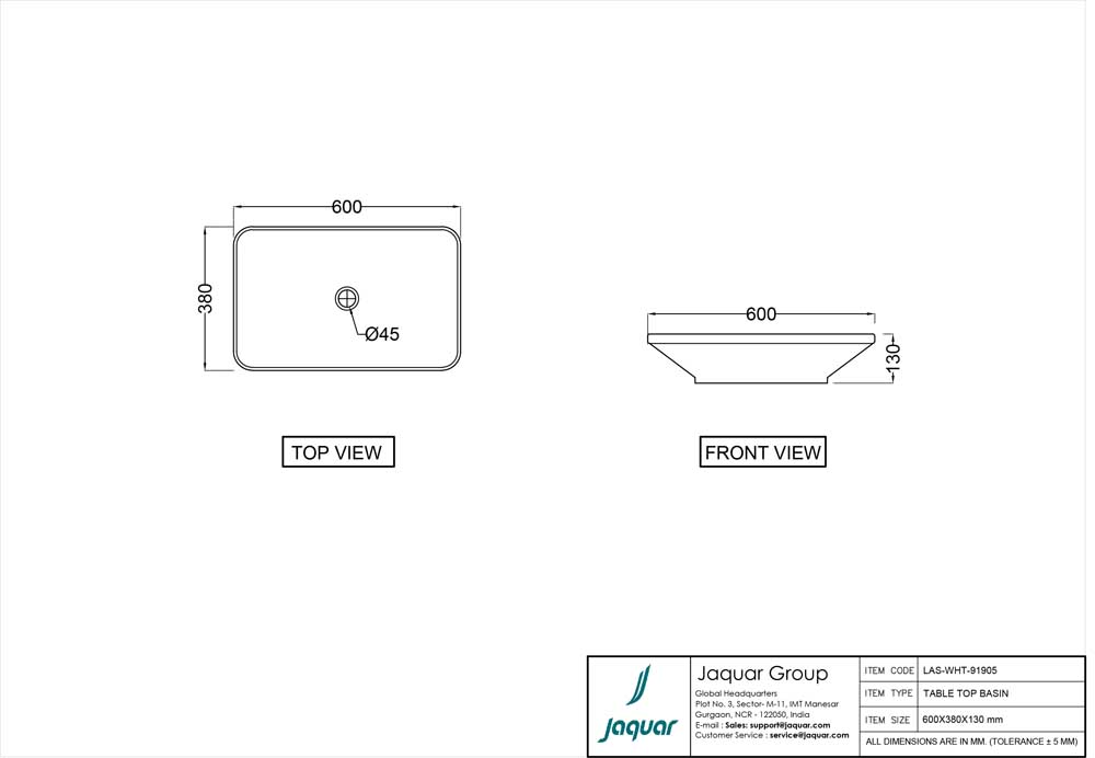 Laguna Rectangular Tabletop basin 600x380x130 mm in South Africa | Jaquar